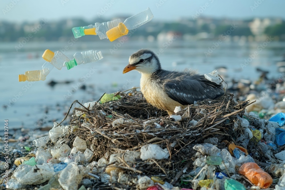 Plastic Pollution Cleanup. Duck sitting on nest surrounded by plastic ...