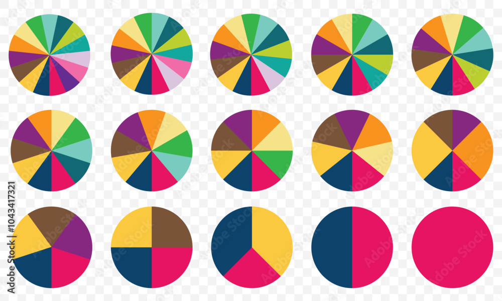 Pie chart infographic set. Circle diagram collection with sections or parts. Segmented circle ...
