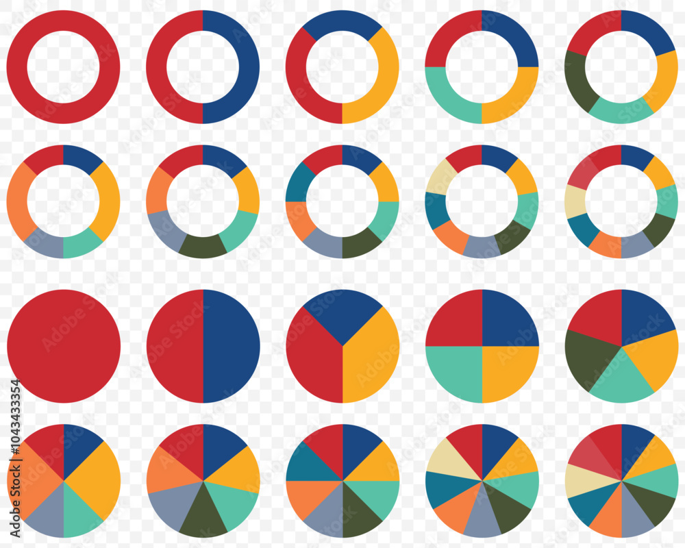 Pie chart color icons. Segment slice sign. Circle section graph. 1,2,3,4,5 segment infographic ...