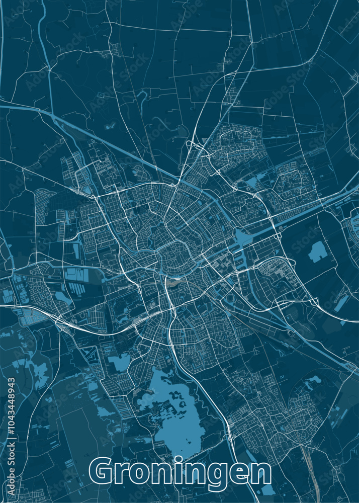 Map of Groningen, a city in the Netherlands. The map is rendered in a ...