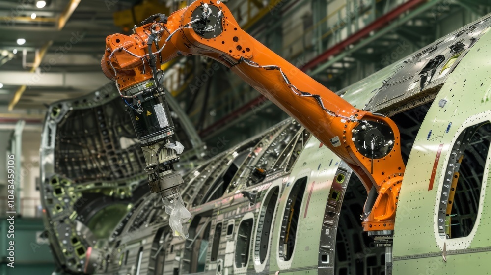 Robotic arm conducting a thorough inspection of an aircraft fuselage ...