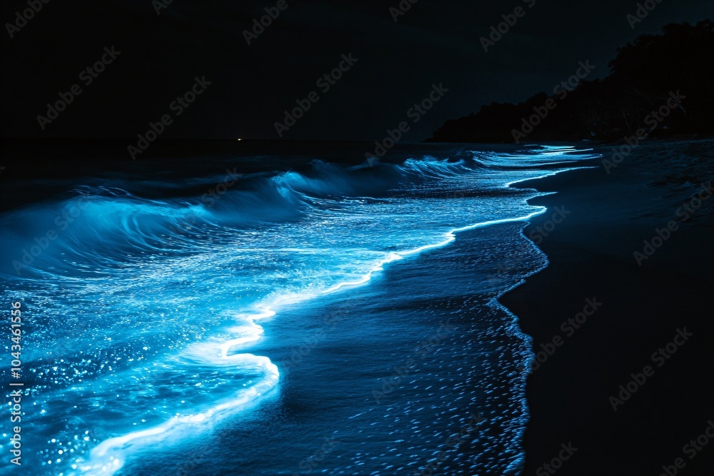 Bioluminescent glowing beach and sea at night. Illumination of plankton ...