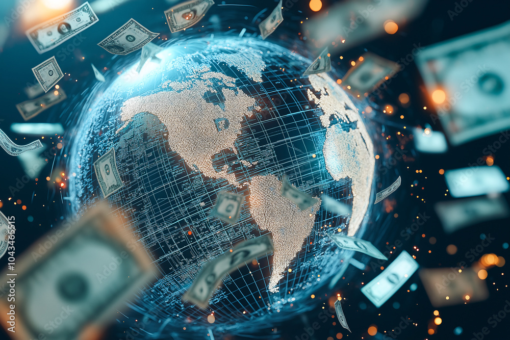 global map with floating currency symbols creates dynamic ...