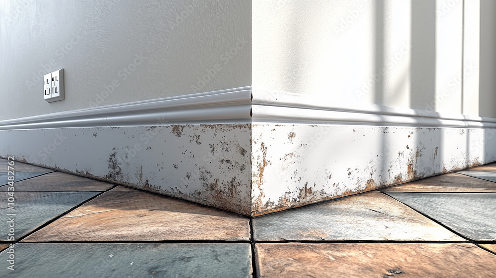 Black mold spreading along the baseboard and floor tiles, indicating ...