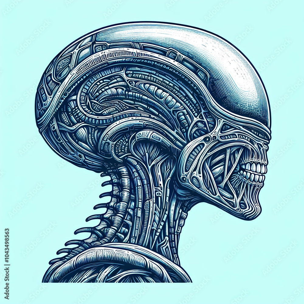 anatomical illustration of the profile of an alien head with intricate ...