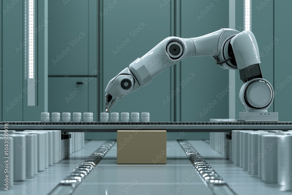 Futuristic image of automation in a clean and bright manufacturing ...