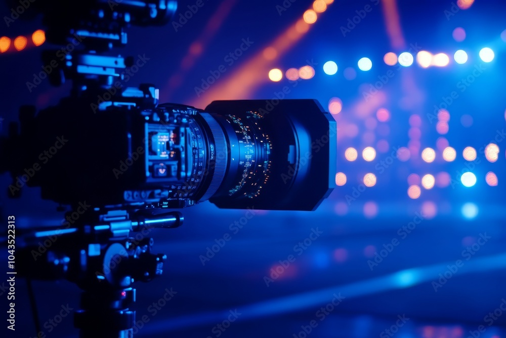 Professional camera setup with bright stage lights, capturing vibrant ...