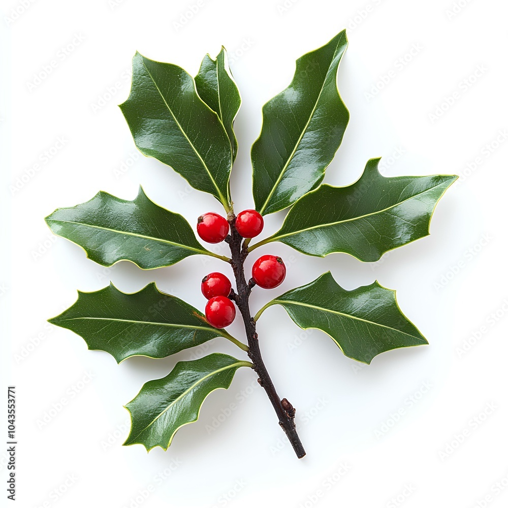 Holly leaf and berries on white background. Festive green holly leaves ...