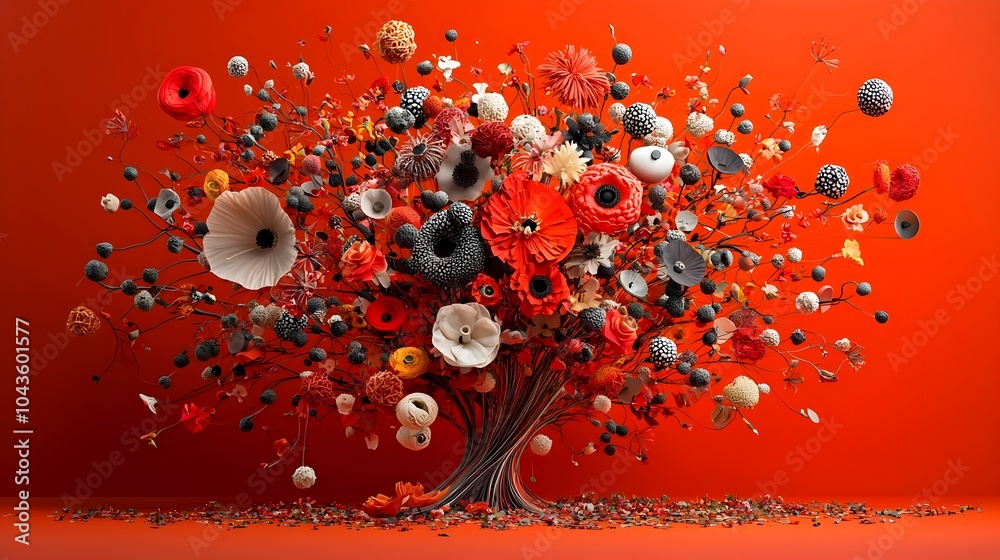 Detailed 3D cross section view of a lush vibrant floral bouquet ...