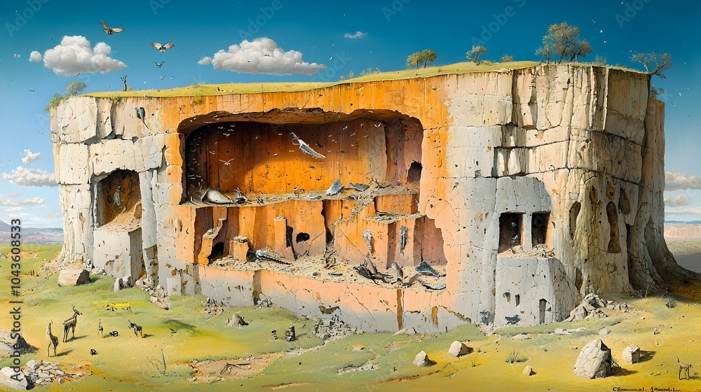 Detailed cross section view of a layered cliffside landscape revealing ...