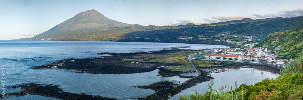 Panoramic view of Fishing village Lajes do Pico with Volcano Mount Pico ...