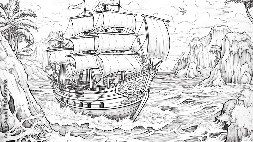 Ancient sailing ships navigating through stormy seas, line drawing, no ...