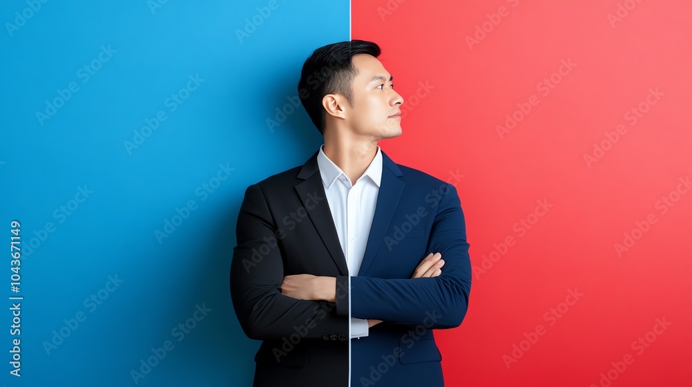 Abstract image of an advisor standing between two merging company logos ...