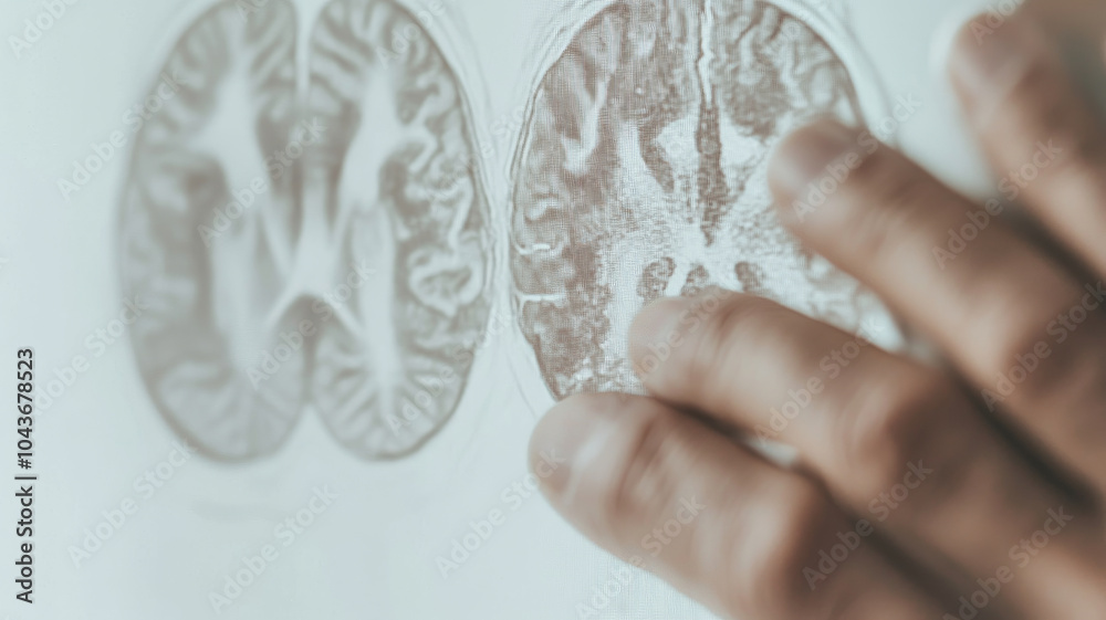 image shows close up of hand touching brain scans, highlighting ...