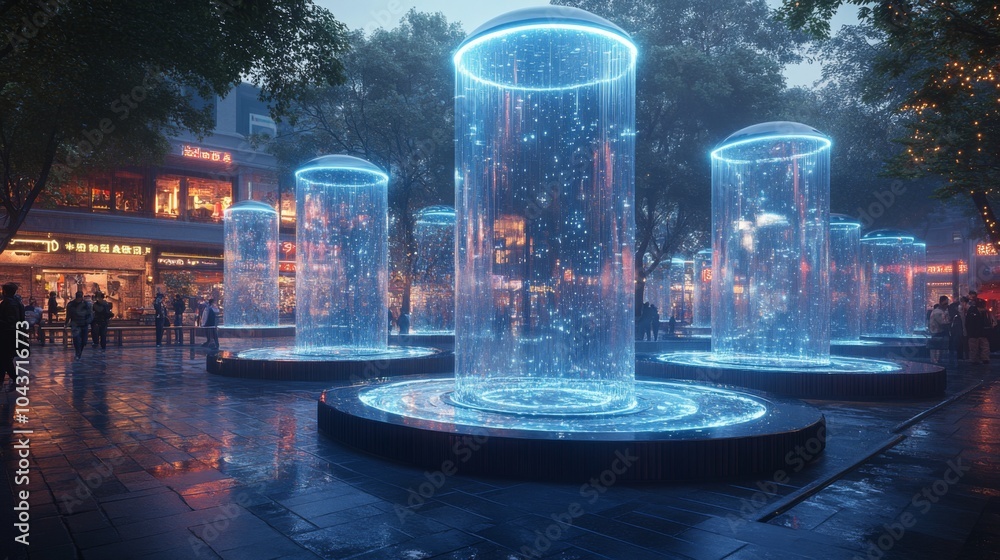 Bright, glowing water columns rise from the ground, mesmerizing ...