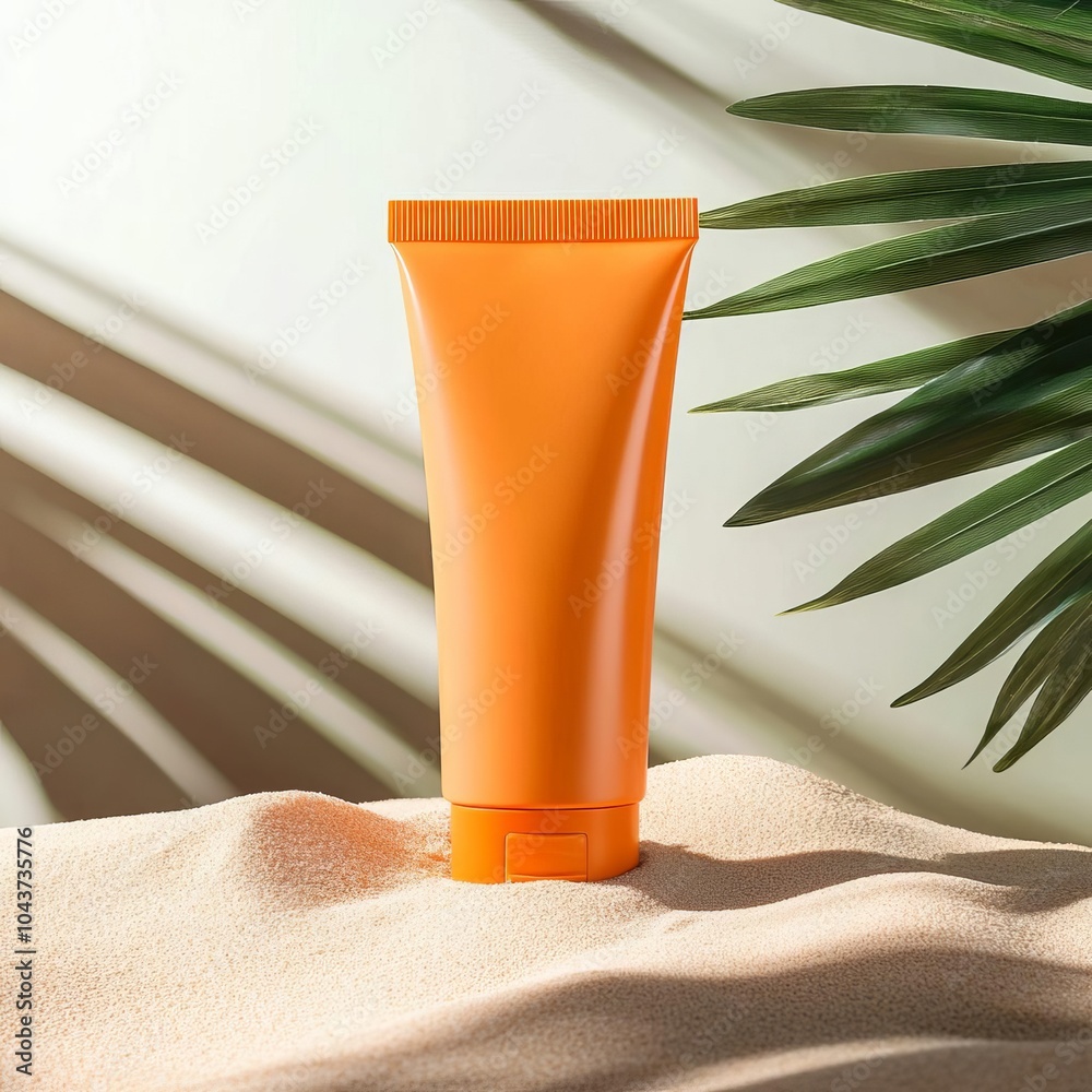 Blank sunscreen tube on a sandy surface with palm leaves casting ...