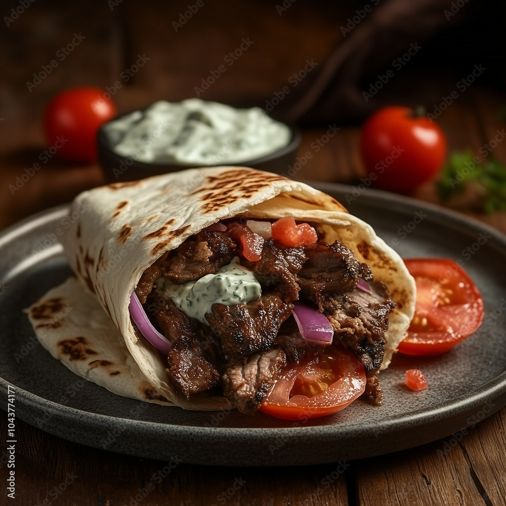 traditional Greek gyros wrap. The tender, marinated gyros meat is ...
