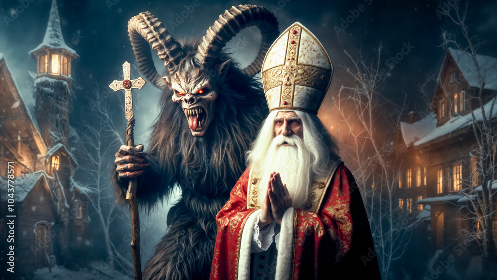 Krampus demon with horns and St. Nicholas standing together in snowy ...