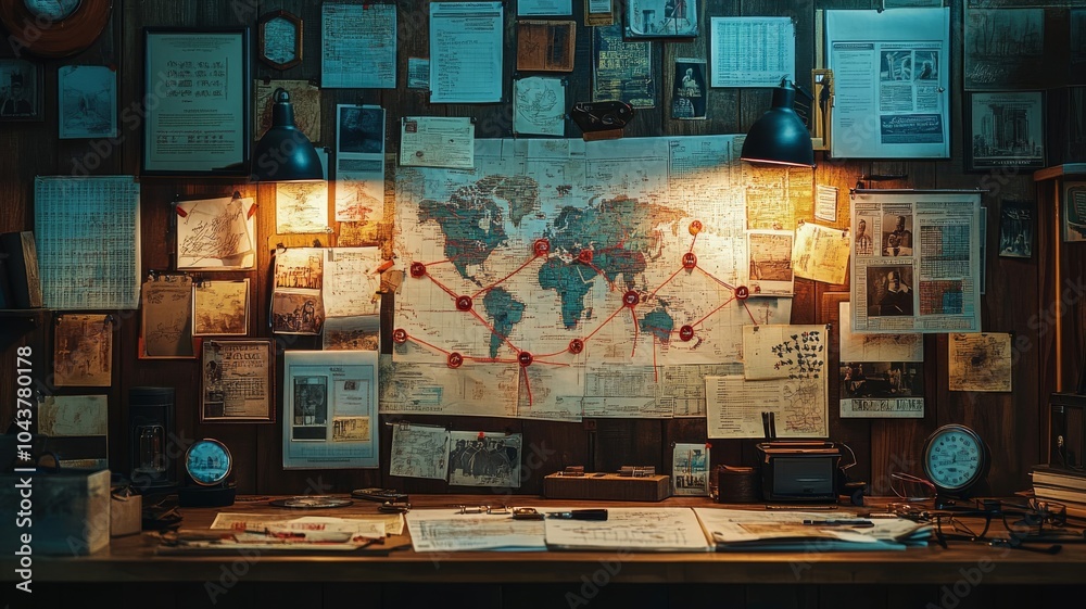 Close-up of a detective's board with charts, notes, and red threads ...