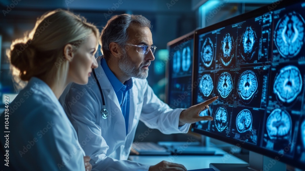 A doctor and a nurse are looking at a computer monitor displaying a ...