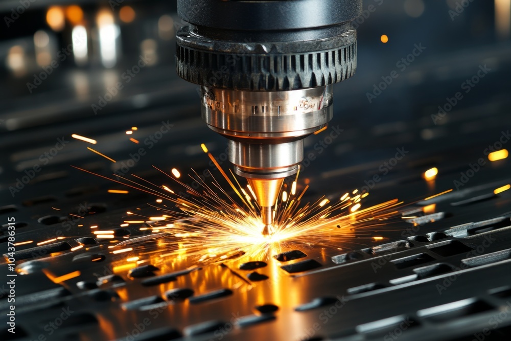 Industrial machinery cutting through thick steel beams, with intense ...