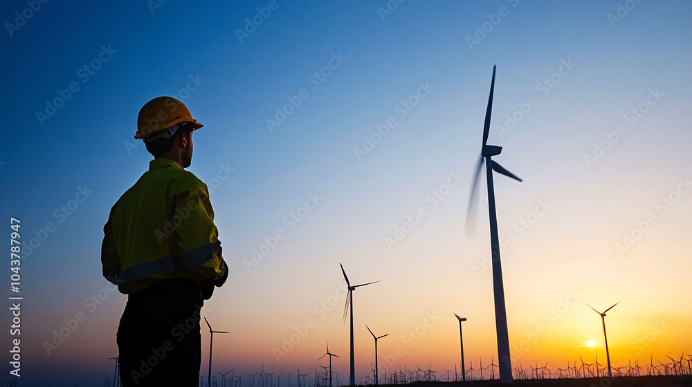 technician in safety helmet observes wind farm at sunset, showcasing ...