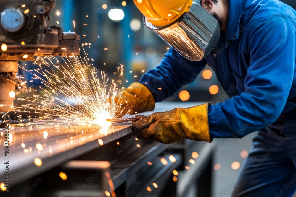 Massive steel beams being forged in a factory, with giant machinery and ...