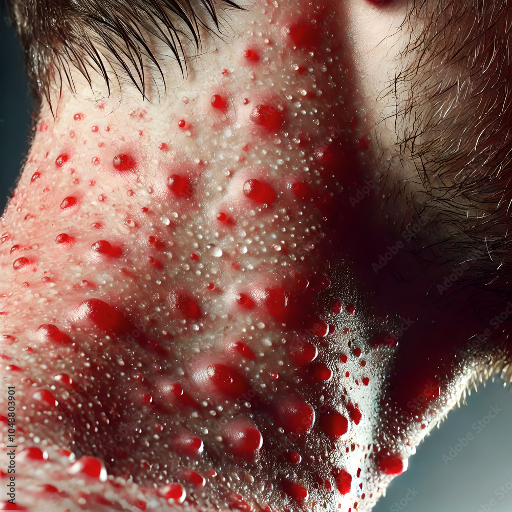 Heat rash (miliaria) on a person's skin, especially around areas like ...