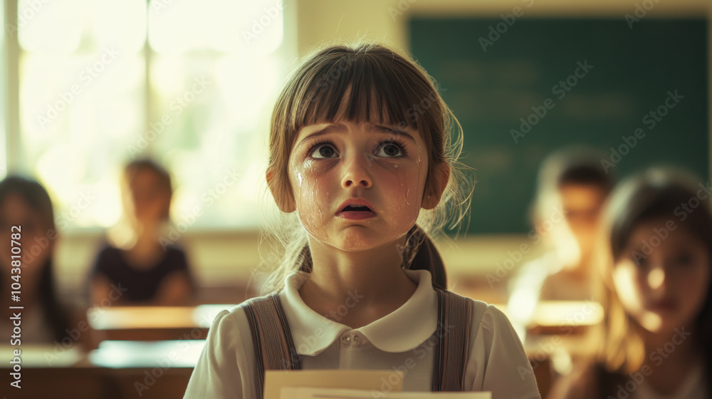 close up of 6 year old girl in school classroom, looking anxious and ...
