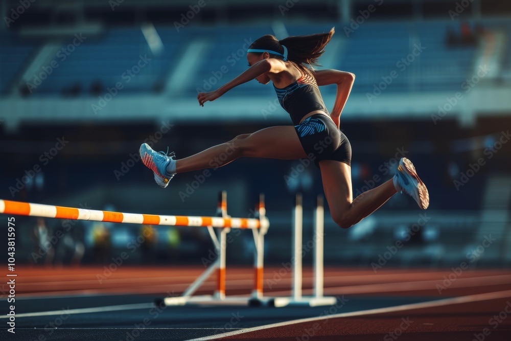 Athlete hurdles over a barrier during a sunset track and field ...