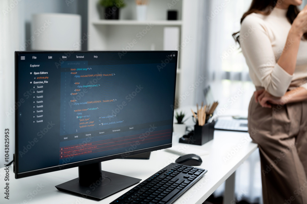 Data information showing on PC screen of social media website system working desk, IT developer ...