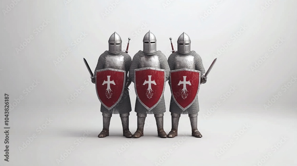 Three medieval knights in armor, with swords and shields, stand in a row against a white ...