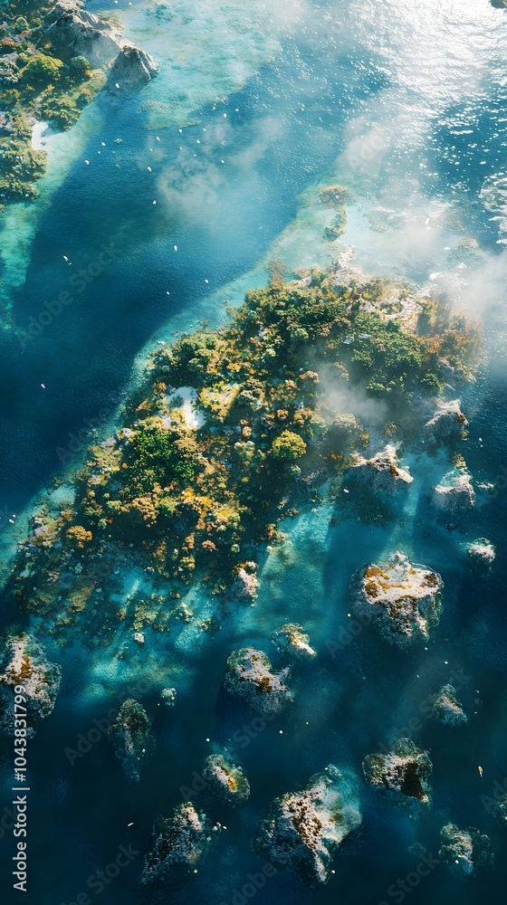 Aerial view of a coral reef, with blue water and brown algae. The ...