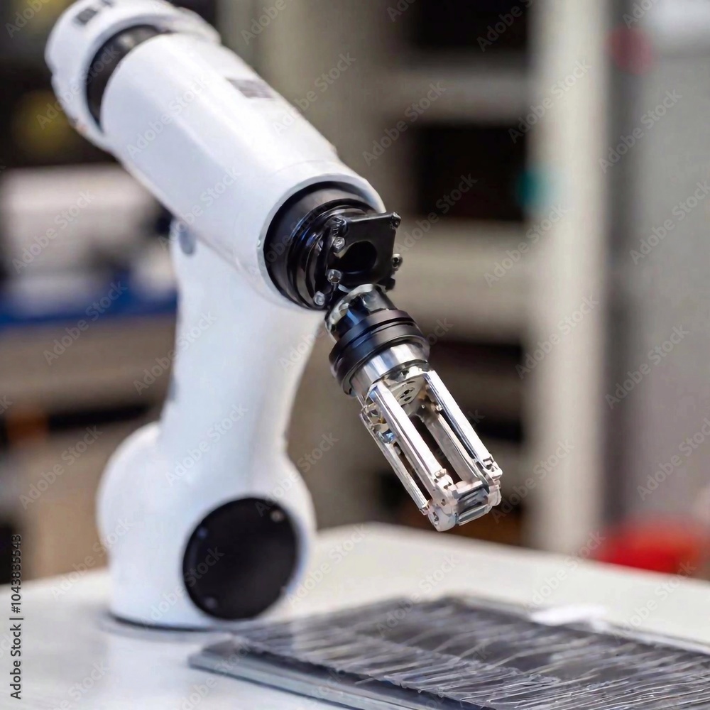 a macro shot of a robotic arm equipped with advanced sensors and AI ...