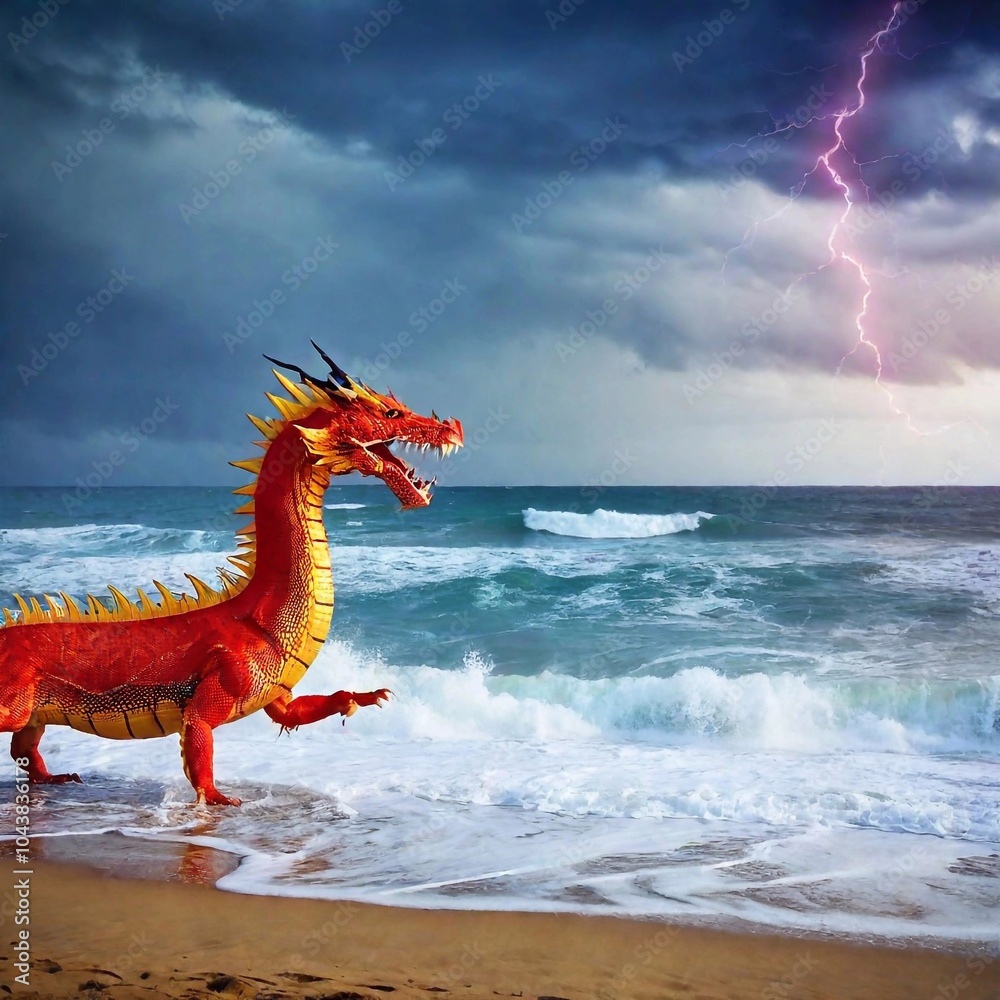 wide shot photo of a huge red dragon soaring above a stormy sea ...