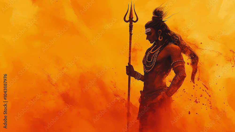 Watercolor illustration of Lord Shiva, snake around his throat, holding ...