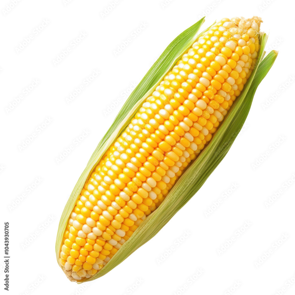Golden buttery corn on the cob, isolated on a clean white background ...