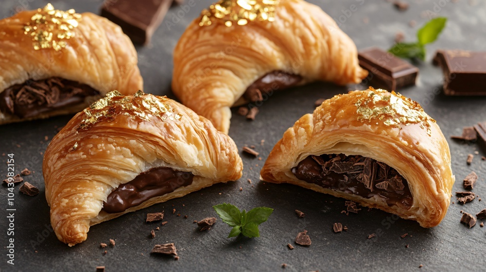 Chocolate-filled puff pastry crescents, isolated on a gray stone ...