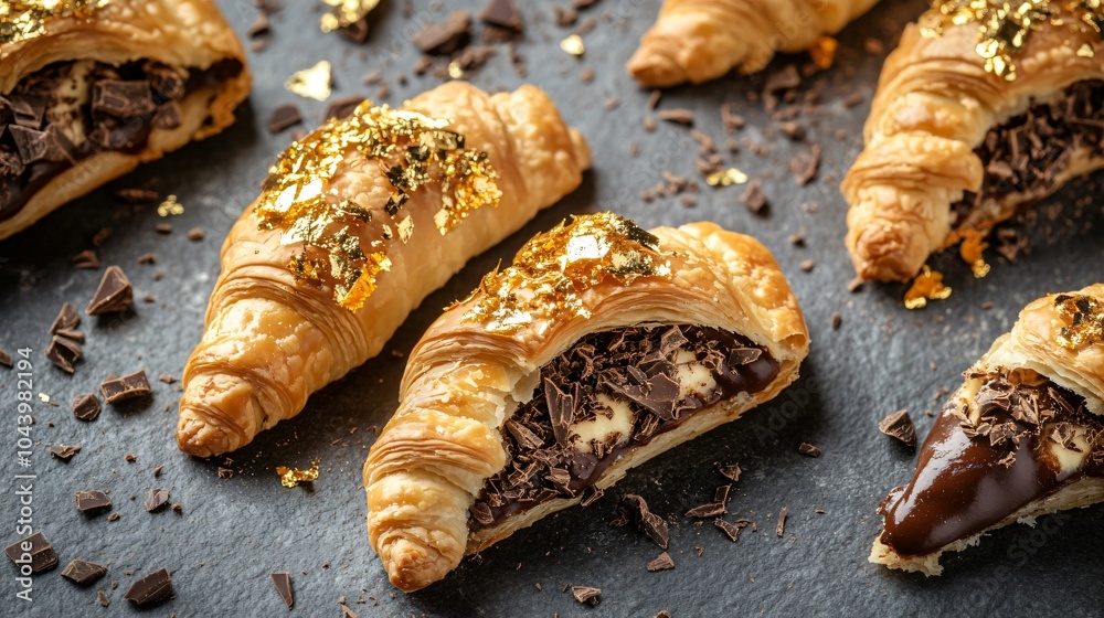 Chocolate-filled puff pastry crescents, isolated on a gray stone ...