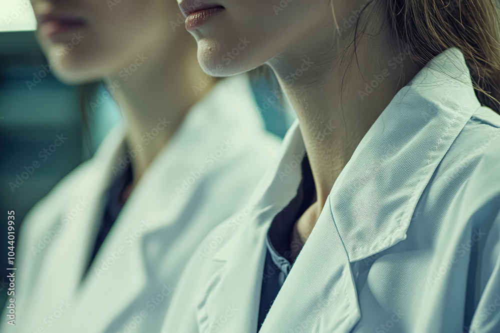 Two women wearing white lab coats stand side by side. The women are ...