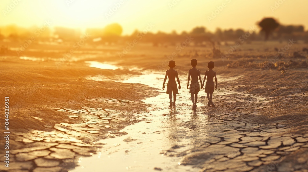 African children walk along a dry river bed. Environmental problem of ...