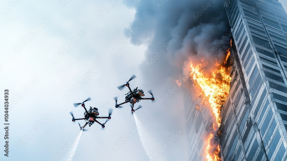 Robotic firefighting drones battling a blazing skyscraper inferno ...