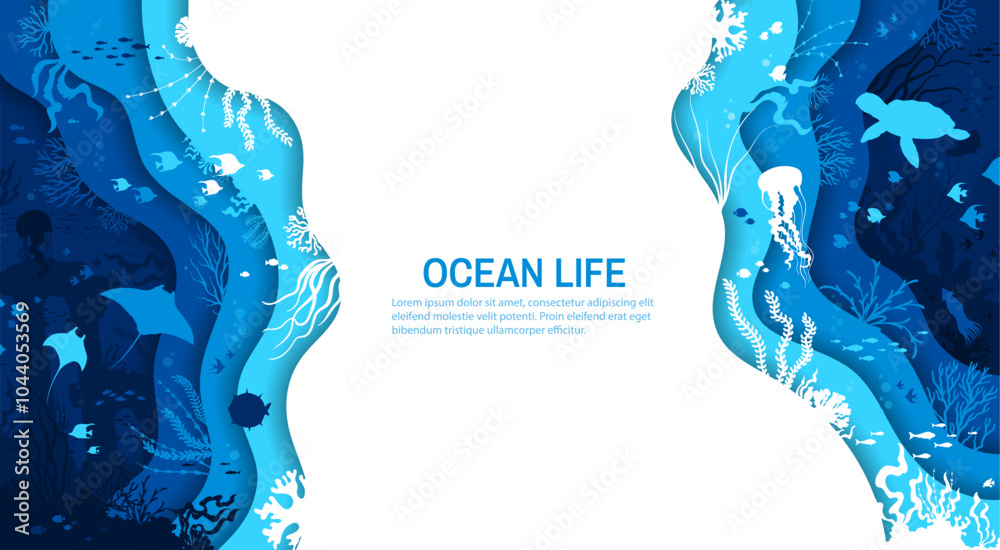 Paper cut underwater landscape, ocean life banner with fishes and sea ...