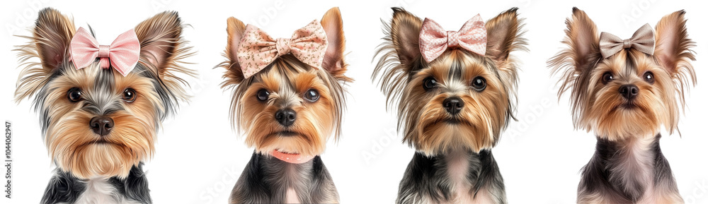 Cute Yorkie dogs wearing pink bows, lined up against a white background ...