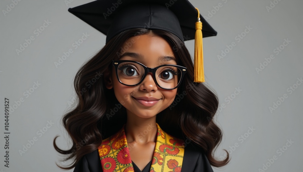 Cartoon image of an African American girl wearing glasses graduation ...