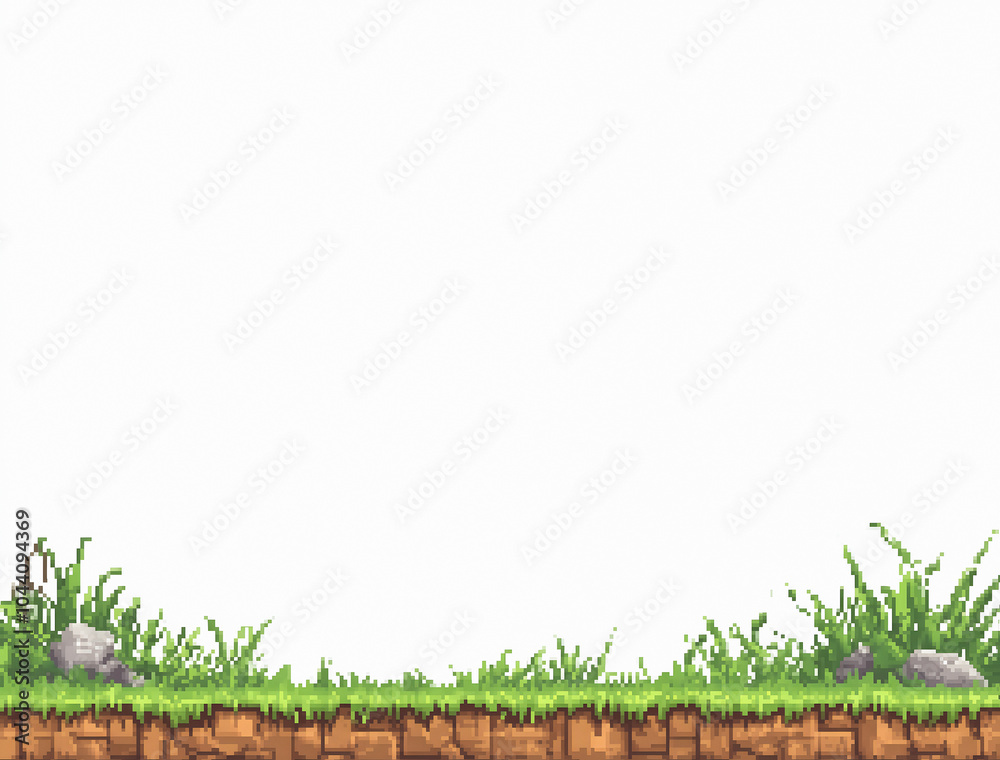 White Background With 8 bit Pixel Grass On Bottom, Much Copy Space For ...
