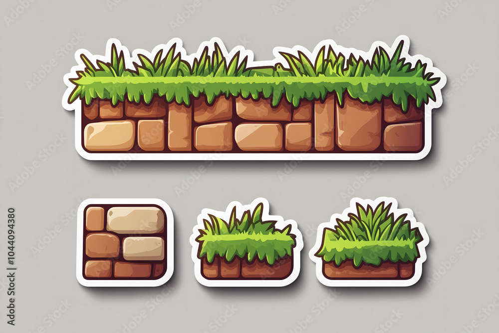 Pixel 8 Bit Platforms With Stone, Rocks And Green Grass, Sticker Style ...