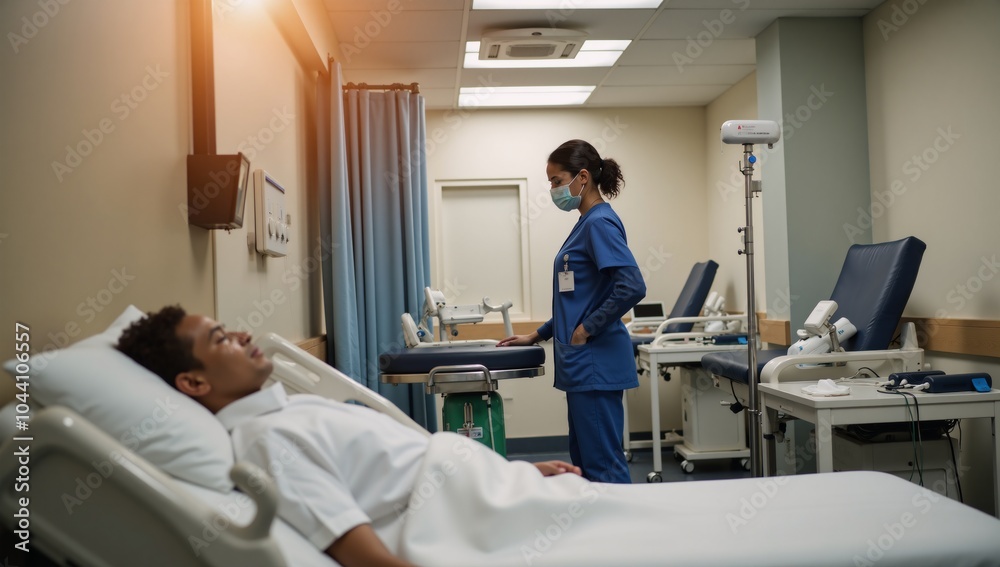 Modern hospital ward features African American nurse in protective mask ...