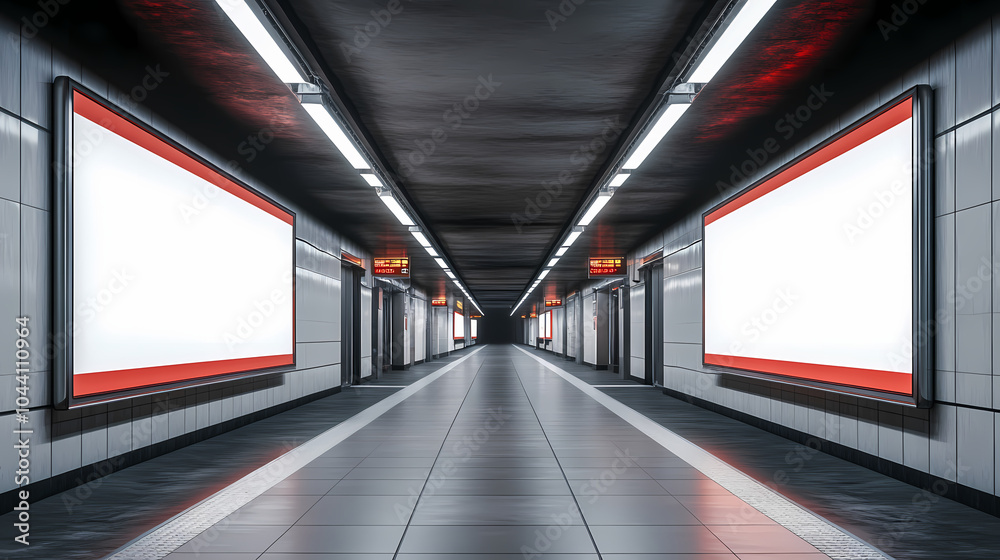 Long subway tunnel with white billboard and striking red accents ...