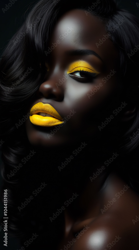 Cinematic shot of a black woman with very dark skin, dark hair, and ...